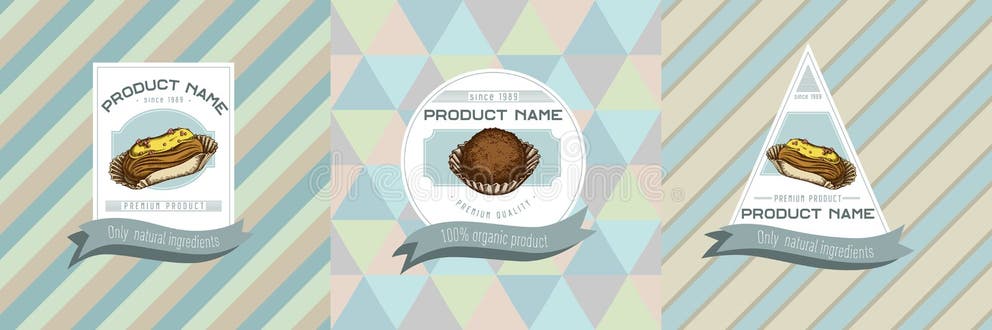Three Colored Labels with Illustration of Eclair, Truffle Stock Vector ...