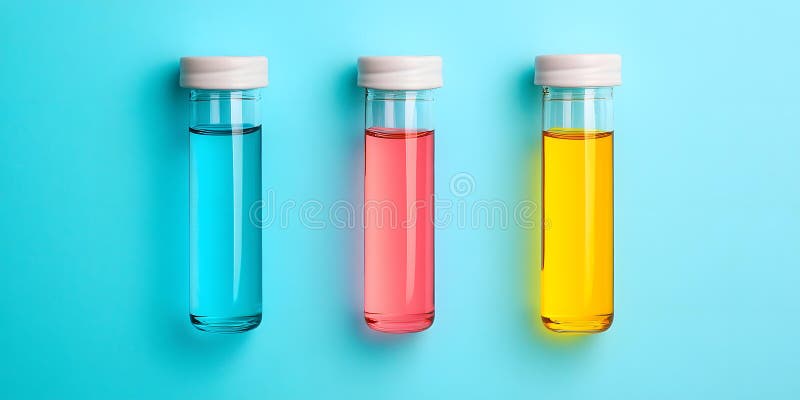 Three Colored Liquid Vials on Blue Background Stock Illustration ...