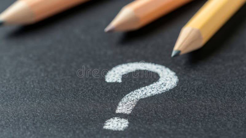 Three Colored Pencils beside a Chalk Question Mark on a Dark Surface ...