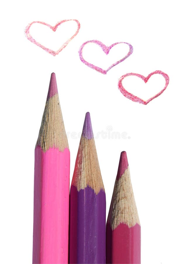 Three Colored Pencils and Three Painted Hearts on White Background ...
