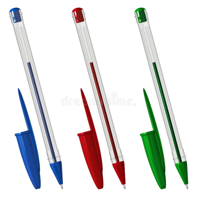 Three Colored Plastic Ballpoint Pens with Caps, in a Transparent ...