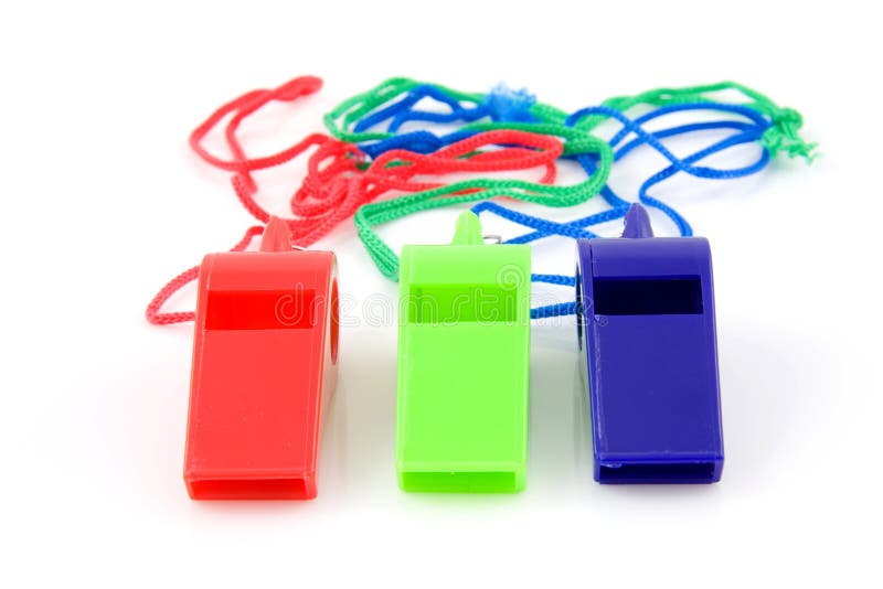 Three Colored Plastic Whistles Stock Photo - Image of child, three ...