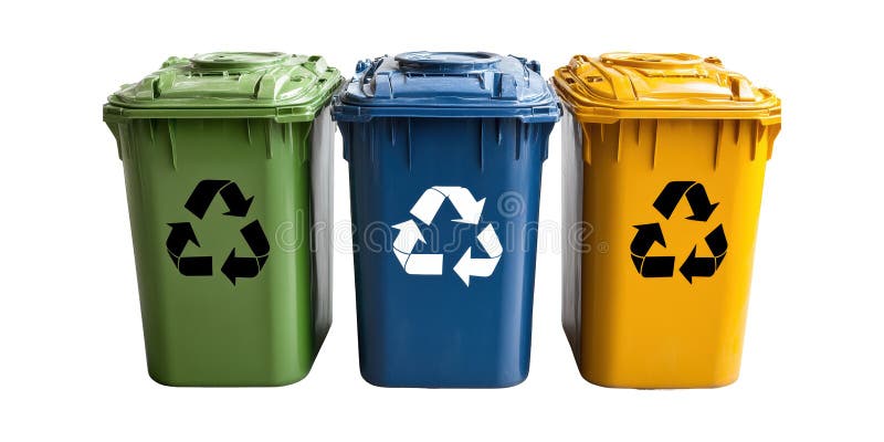 Three Colored Recycling Bins for Waste Sorting Isolated on Transparent ...
