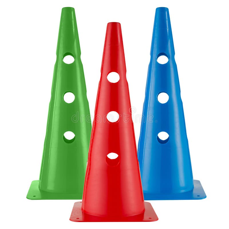 Three Colored Sports Cones, Red, Blue and Green, Stand on a White ...