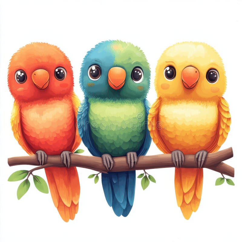 Three Colorful Birds Perched on a Branch Cute Cartoon Illustration ...