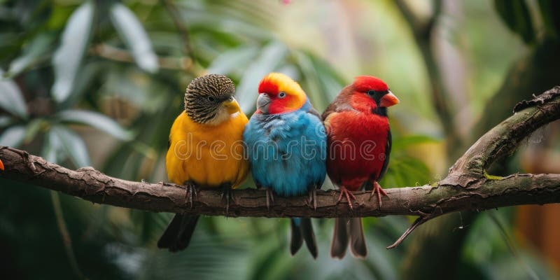Three Colorful Birds on Tree Branch Stock Image - Image of nature ...