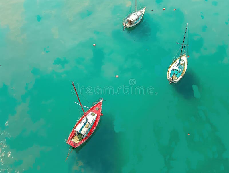 Three Colorful Boats Float Gently on Teal Water. Red, White Boats Form ...