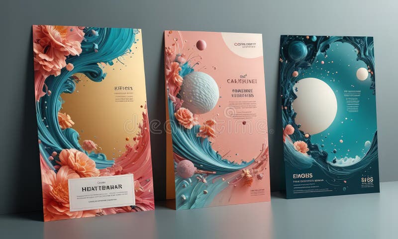 Three Colorful Brochures with Abstract Designs and Text are Displayed ...