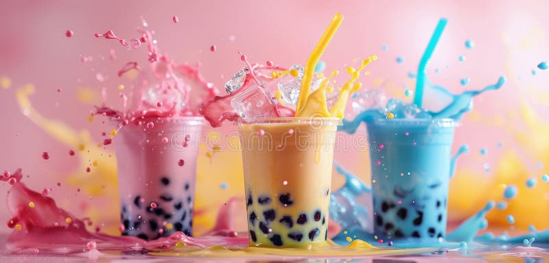 Three Colorful Bubble Tea Drinks with Splashes of Liquid Stock Image ...