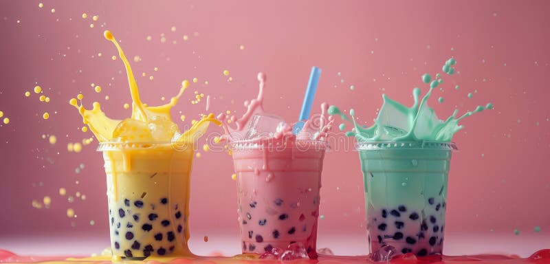 Three Colorful Bubble Tea Drinks with Splashes of Liquid Stock Image ...
