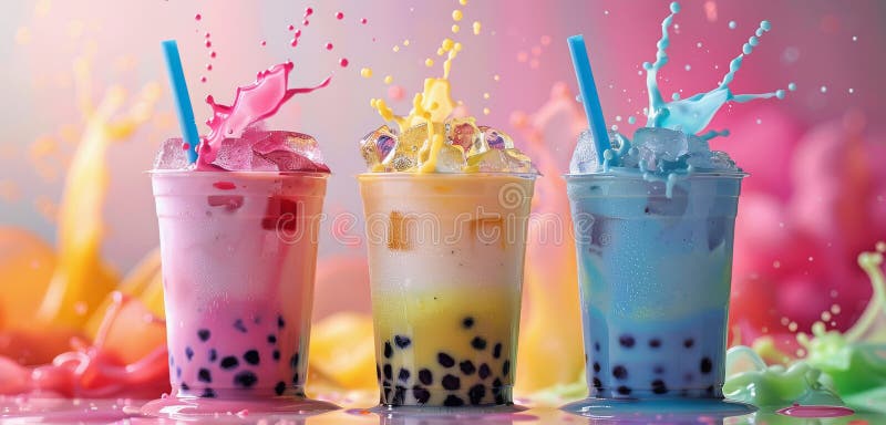 Three Colorful Bubble Tea Drinks with Splashes of Liquid Stock Photo ...