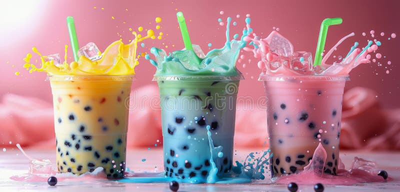 Three Colorful Bubble Tea Drinks with Splashes of Liquid Stock Image ...