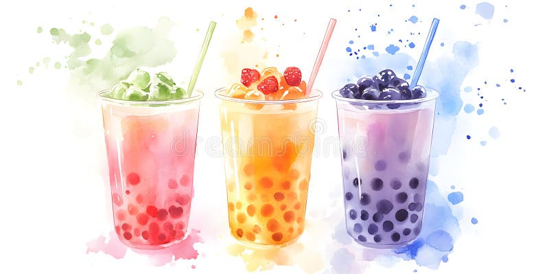 Three Colorful Bubble Tea Drinks with Straw from the Front in a Bright ...