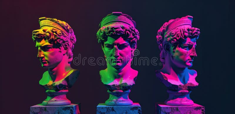 Three Colorful Busts of a Classical Statue on a Dark Gradient ...