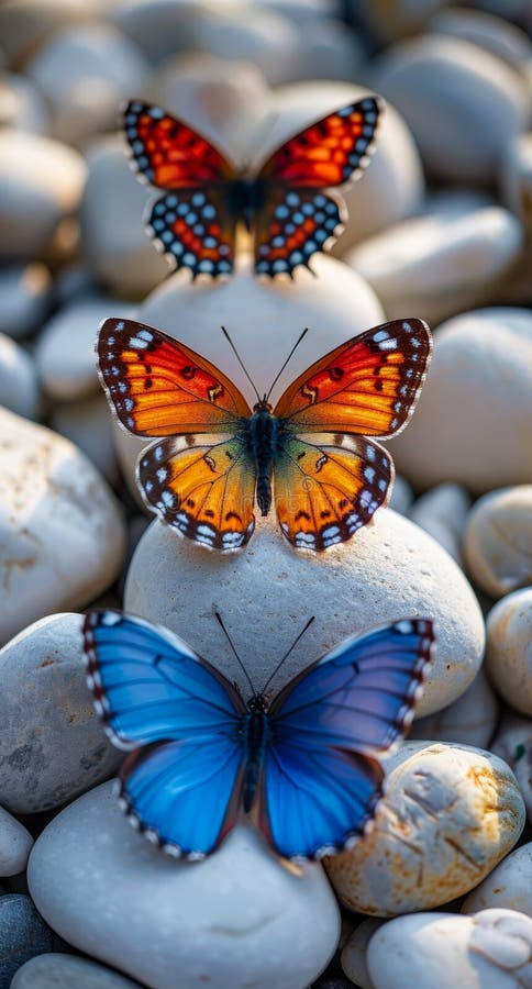 Three Colorful Butterflies on the Pebbles in the Soft Morning Light ...