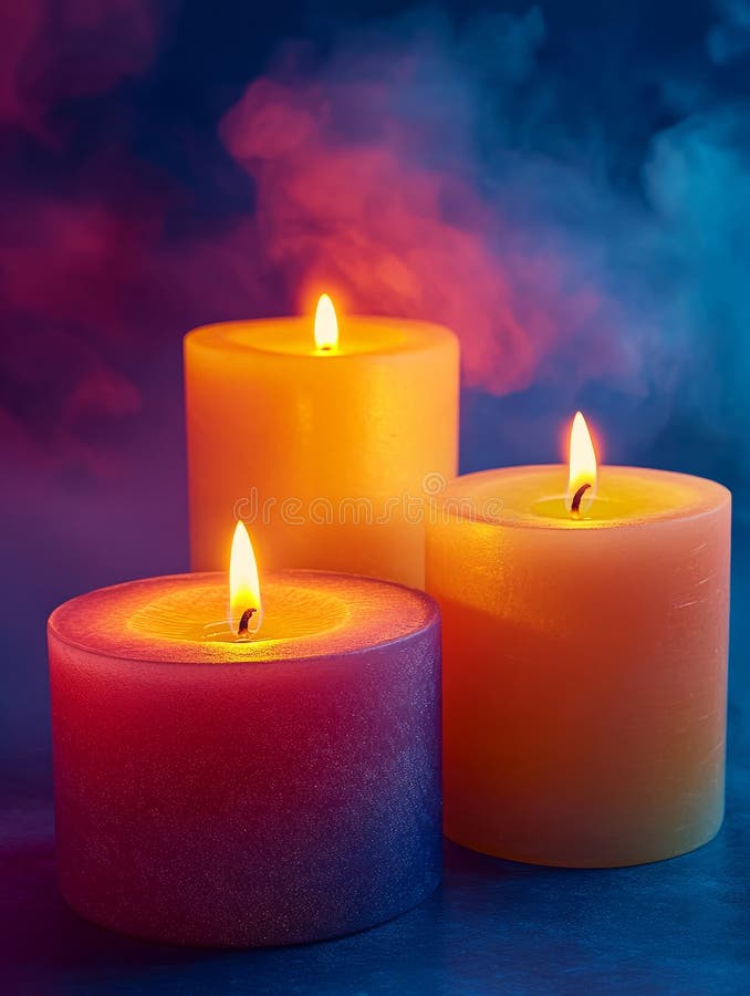 Three Colorful Candles with Glowing Flames Stock Photo - Image of ...