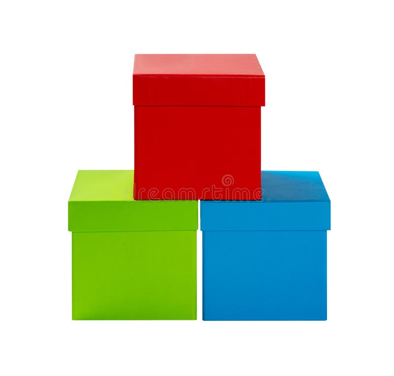 Three Colorful Cardboard Present Boxes of Red, Green and Blue Isolated ...