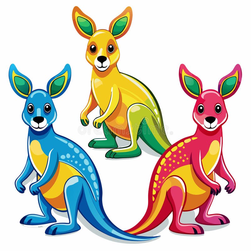 Three Colorful Cartoon Kangaroos Standing on White Background Stock ...