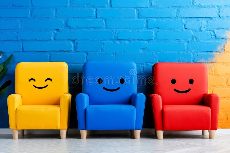 Three Colorful Chairs with Smiley Faces Painted on Them in Front of a ...