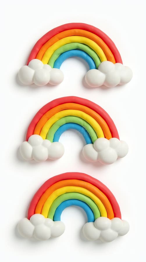 Three Colorful Clay Rainbows in Soft Textures with Fluffy Clouds Stock ...