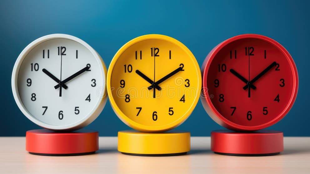 Three Colorful Clocks on a Table with a Blue Background, AI Stock ...