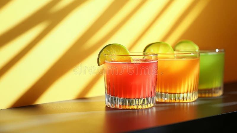 Three Colorful Cocktails with Lime Garnishes. Stock Image - Image of ...