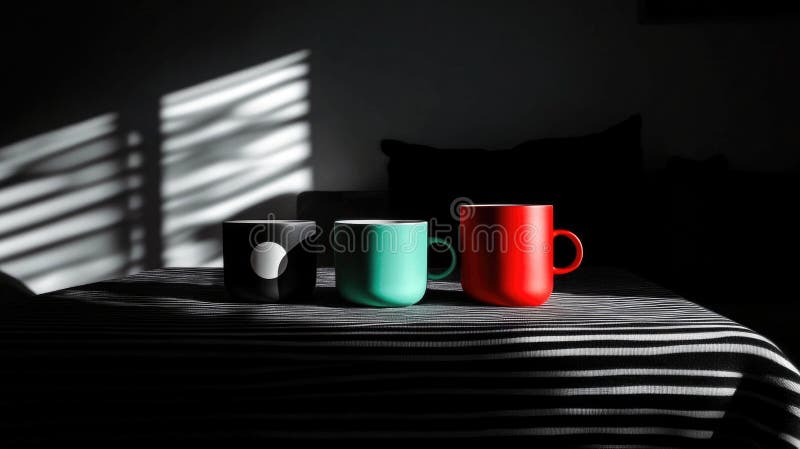 Three Colorful Coffee Mugs on Striped Surface in Sunlight Stock ...