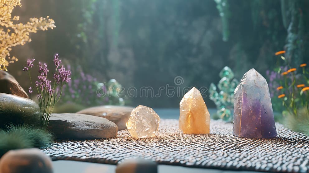 Three Colorful Crystals on a Textured Mat in a Serene Setting Stock ...