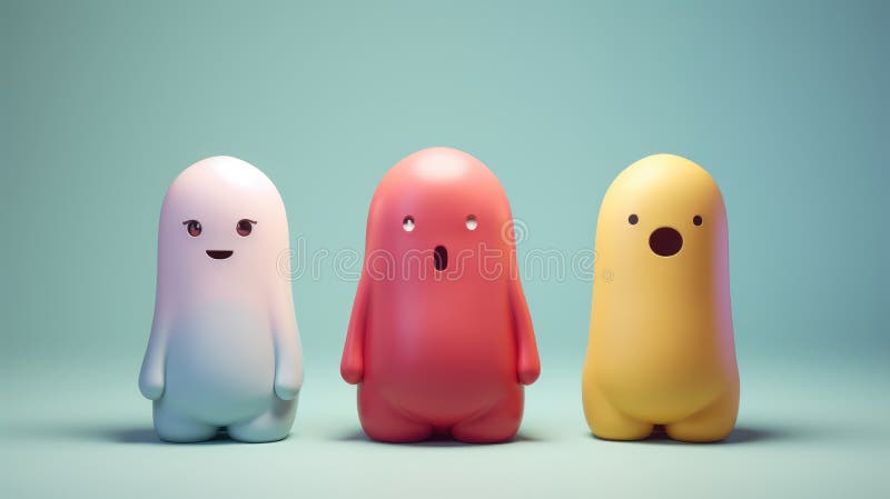 Three Colorful Cute Cartoon Characters Isolated on a Pastel Blue ...