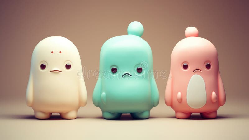 Three Colorful Cute Cartoon Characters Isolated on a Pastel Blue ...