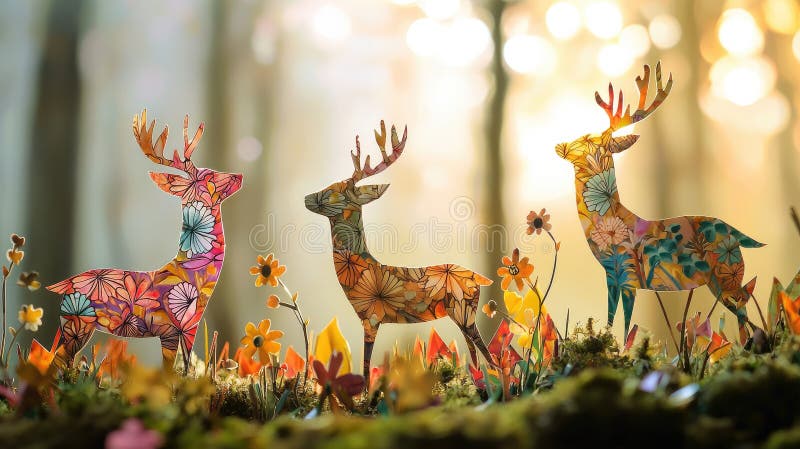 Three Colorful Deer Figurines in a Whimsical Forest Setting Stock Photo ...