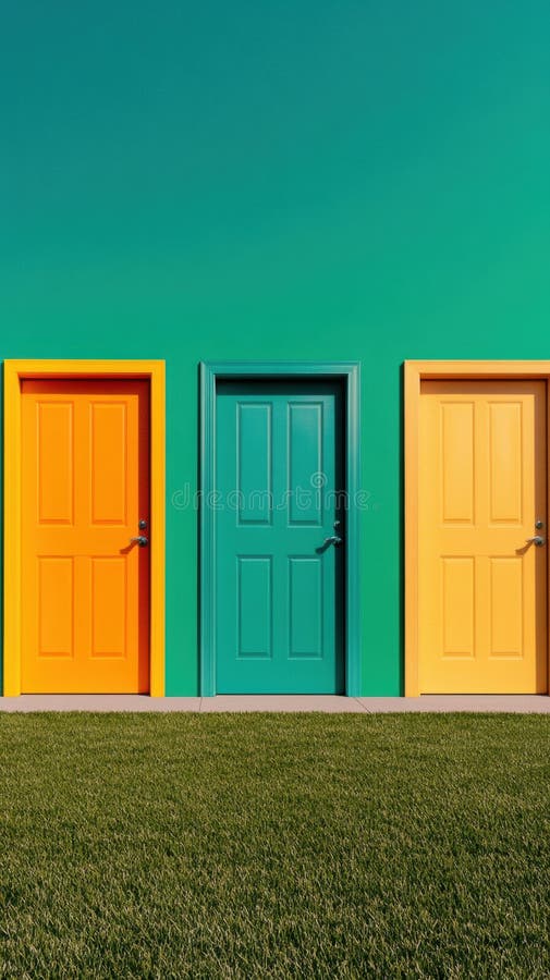 Three Colorful Doors Stand Against a Vibrant Green Wall, Creating a ...