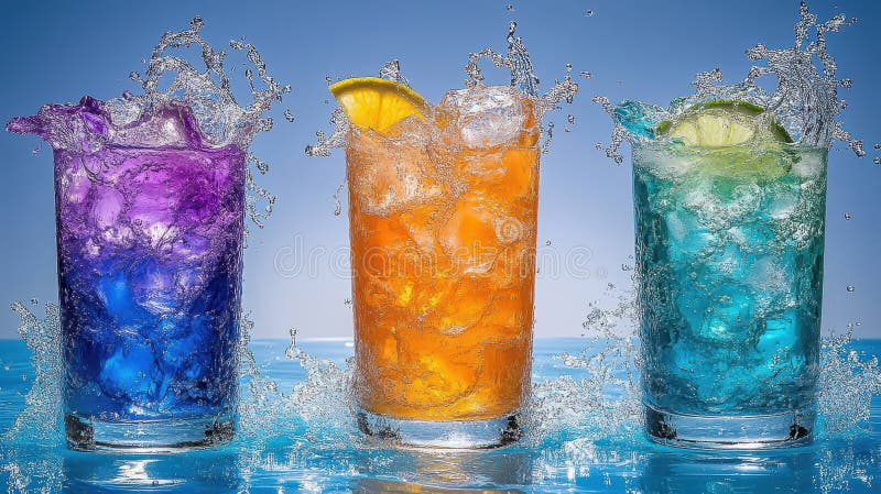 Three Colorful Drinks with Dynamic Water Splashes, Refreshing Summer ...