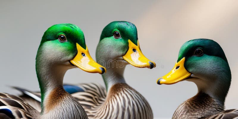 Three Colorful Ducks with Bright Green Heads and Yellow Beaks Stock ...