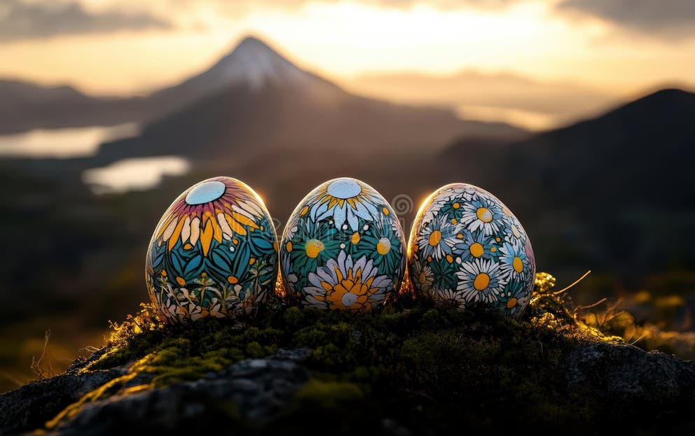 Three Colorful Easter Eggs Rest on a Mossy Hill, Celebrating the Joy of ...