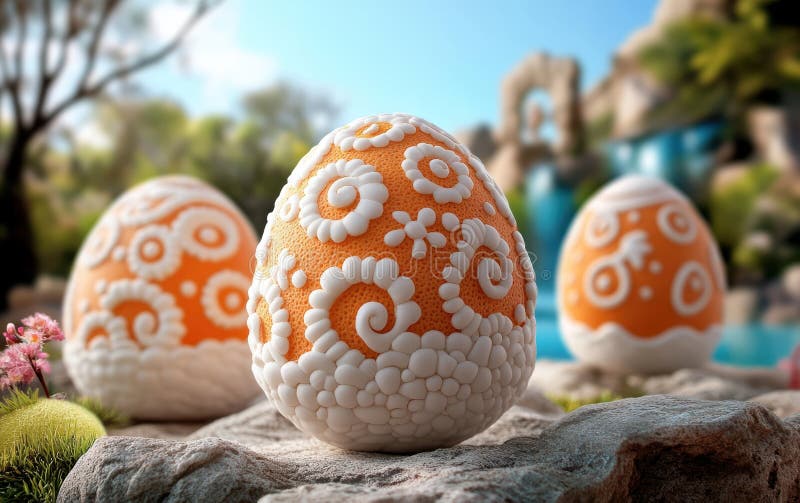 Three Colorful Easter Eggs Rest on a Rock beside a Tranquil Pool. Stock ...