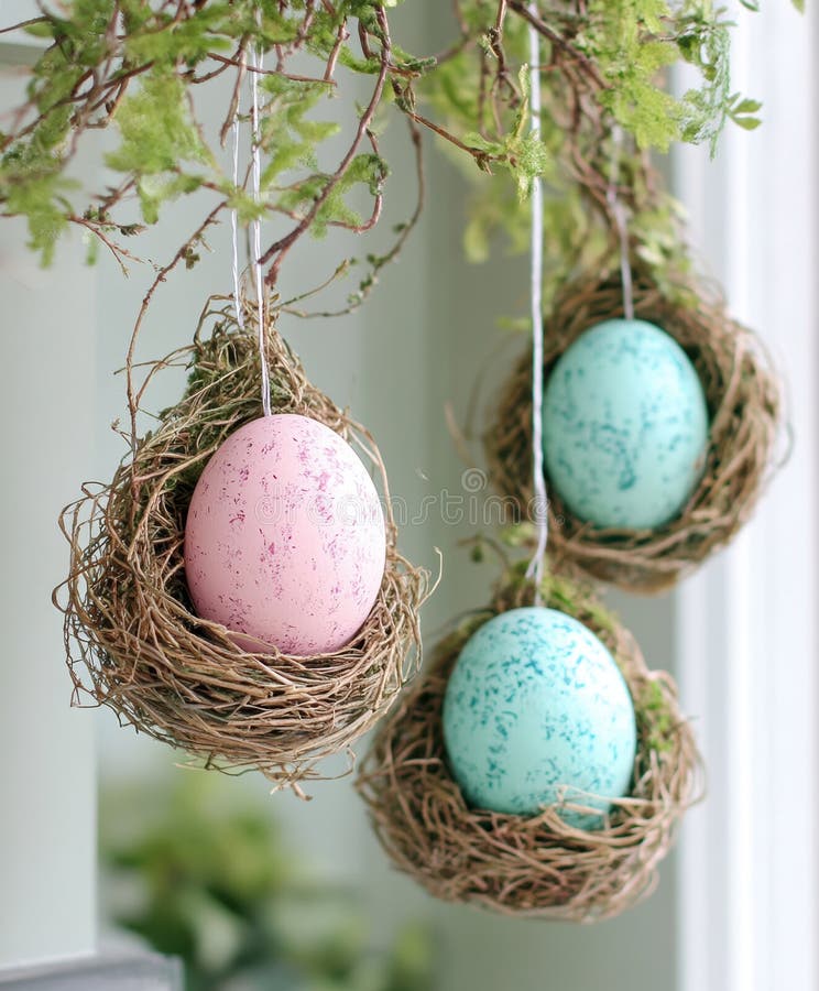 Three Colorful Eggs Dangle from a Moss-covered Branch, Surrounded by ...