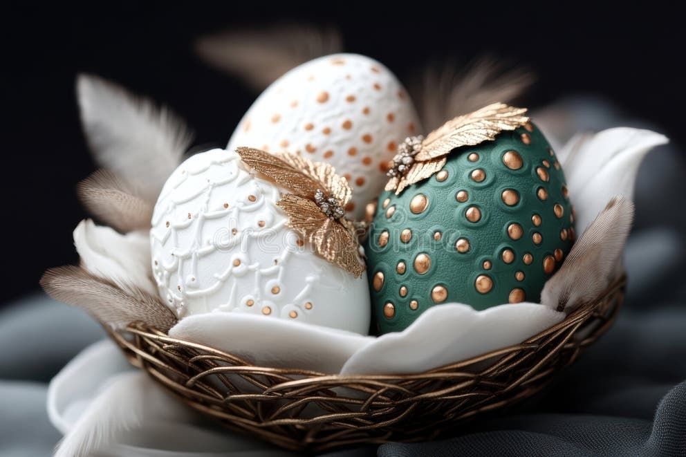 Three Colorful Eggs Rest in a Basket Adorned with Feathers on a Table ...
