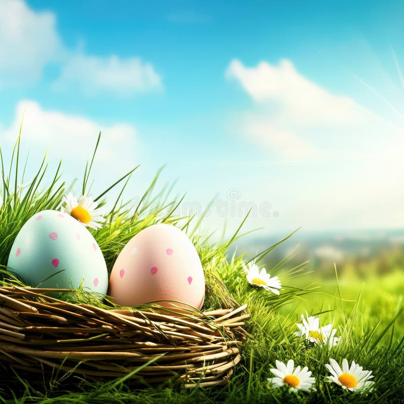 Three Colorful Eggs Rest in a Basket on Lush Grass Surrounded by ...