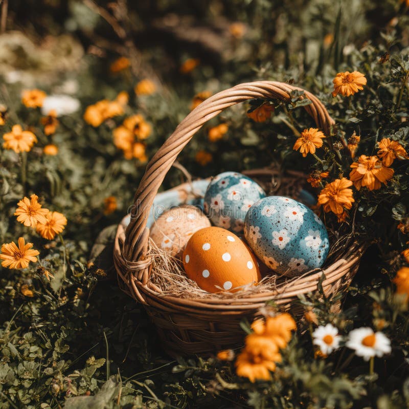 Three Colorful Eggs Rest in a Basket Surrounded by Blooming Flowers on ...