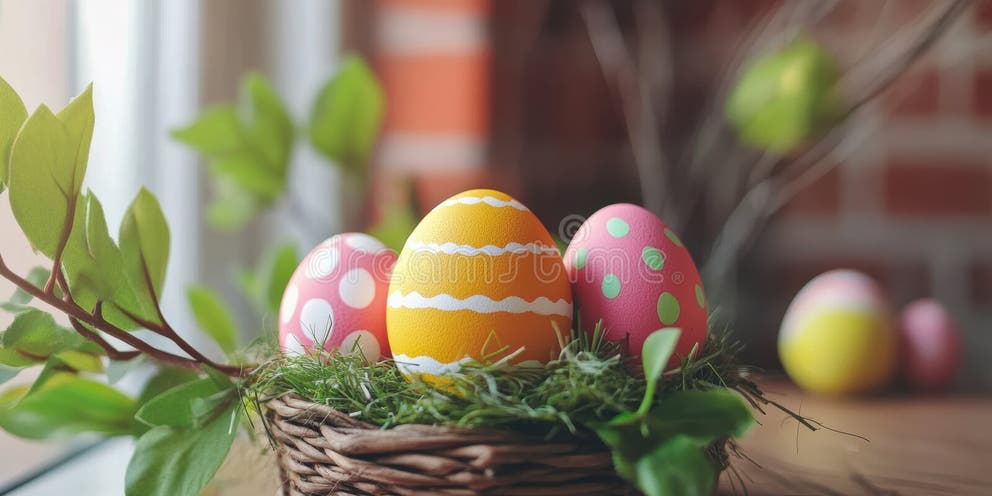 Three Colorful Eggs Rest in a Basket Surrounded by Green Grass and a ...