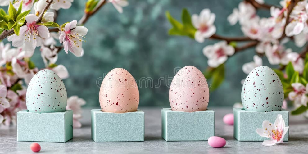 Three Colorful Eggs Rest on Small Boxes for Easter Celebration. Stock ...