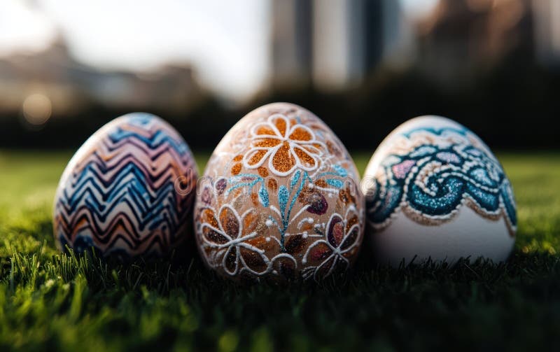 Three Colorful Eggs Rest on a Vibrant Green Field, Celebrating the ...