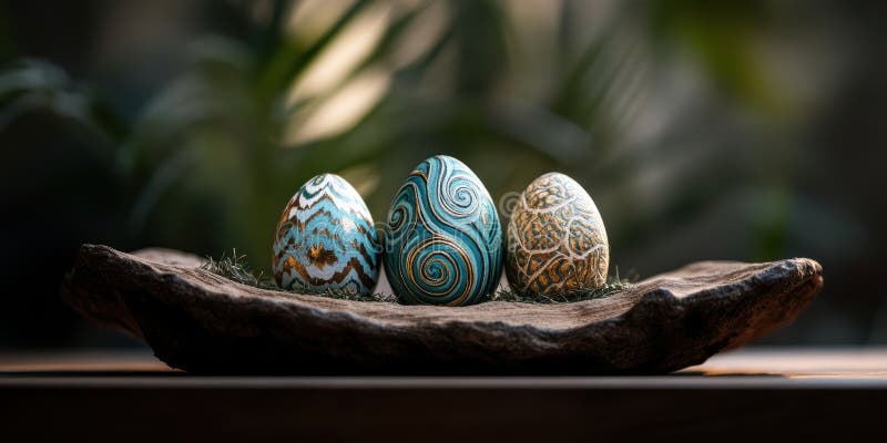 Three Colorful Eggs Rest in a Wooden Bowl Filled with Green Moss ...