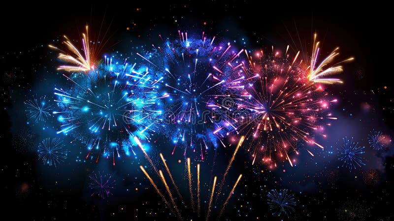 Three Colorful Fireworks Exploding in the Night Sky with Sparks and ...