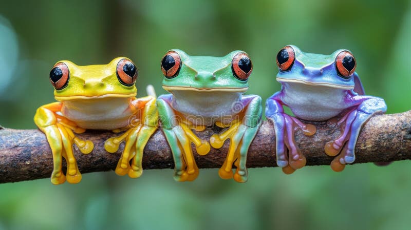 Three Colorful Frogs on a Branch Stock Illustration - Illustration of ...