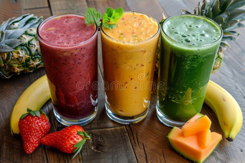 Assorted Fresh Fruit Smoothies on Wooden Table Stock Image - Image of ...