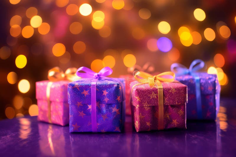 Three Colorful Gift Boxes with Bows on a Table with Bokeh Lights Stock ...