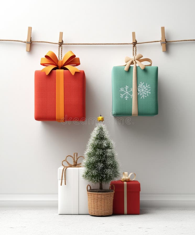 Three Colorful Gift Boxes Hanging on a Clothesline Outdoors Near a ...