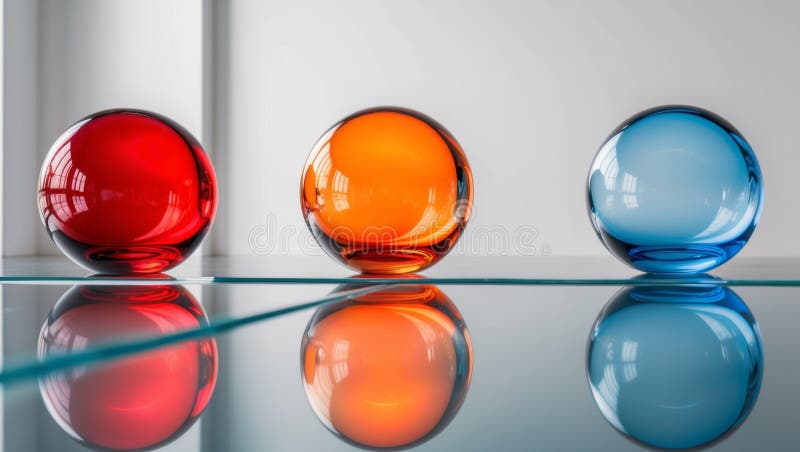 Three Colorful Glass Balls on a Reflective Surface. Stock Image - Image ...